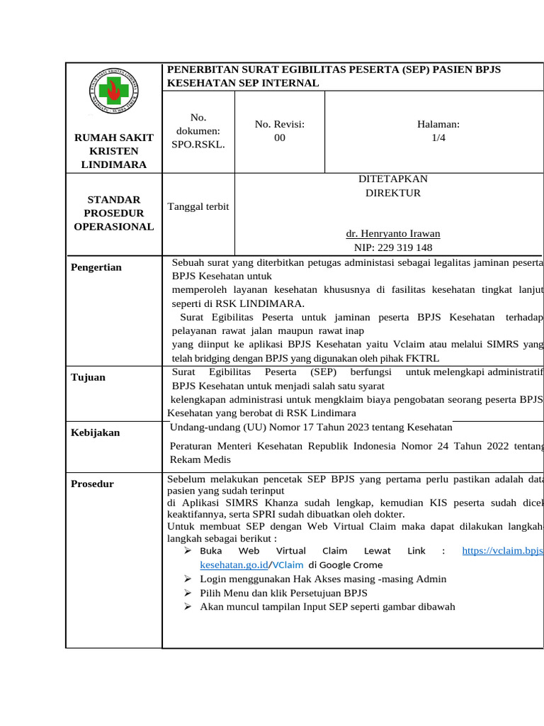 Prosedur Penerbitan SEP BPJS Kesehatan | PDF