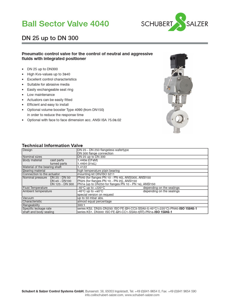 Schubert Salzer Ball Sector Valve 4040 | PDF | Valve | Bearing (Mechanical)