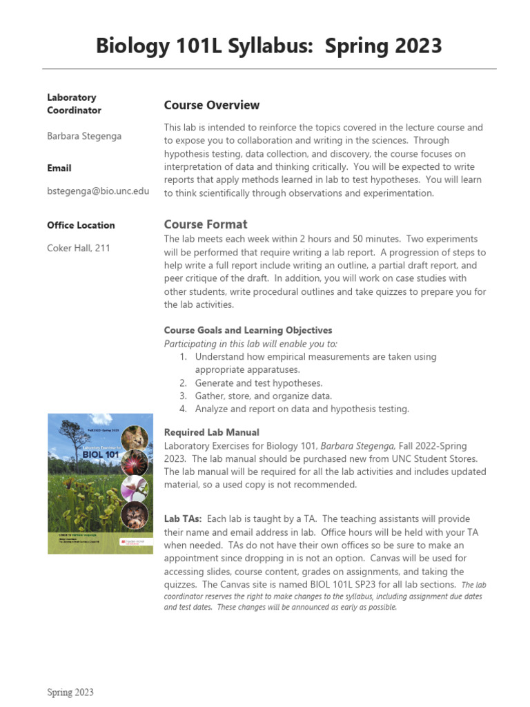 Biology 101L Syllabus Spring 2023 2 | PDF | Experiment | Hypothesis