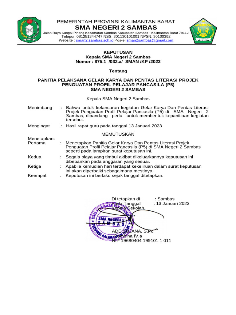 SK Panitia Kegiatan Gelar Karya P5 - 2022-2023 | PDF