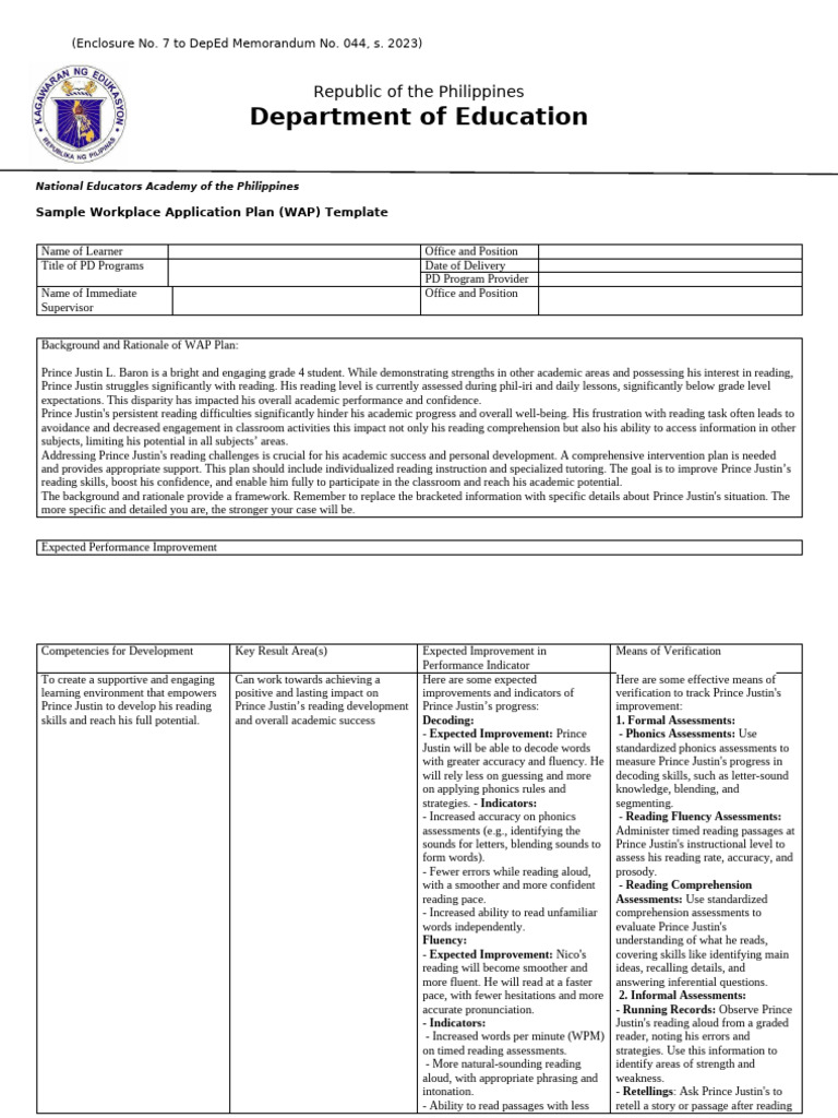 Workplace Application Plan | PDF | Reading Comprehension | Phonics