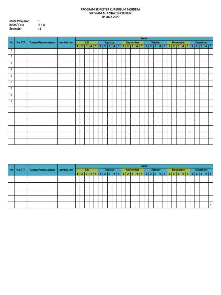 Format Tabel (PROGRAM SEMESTER KURIKULUM MERDEKA) | PDF