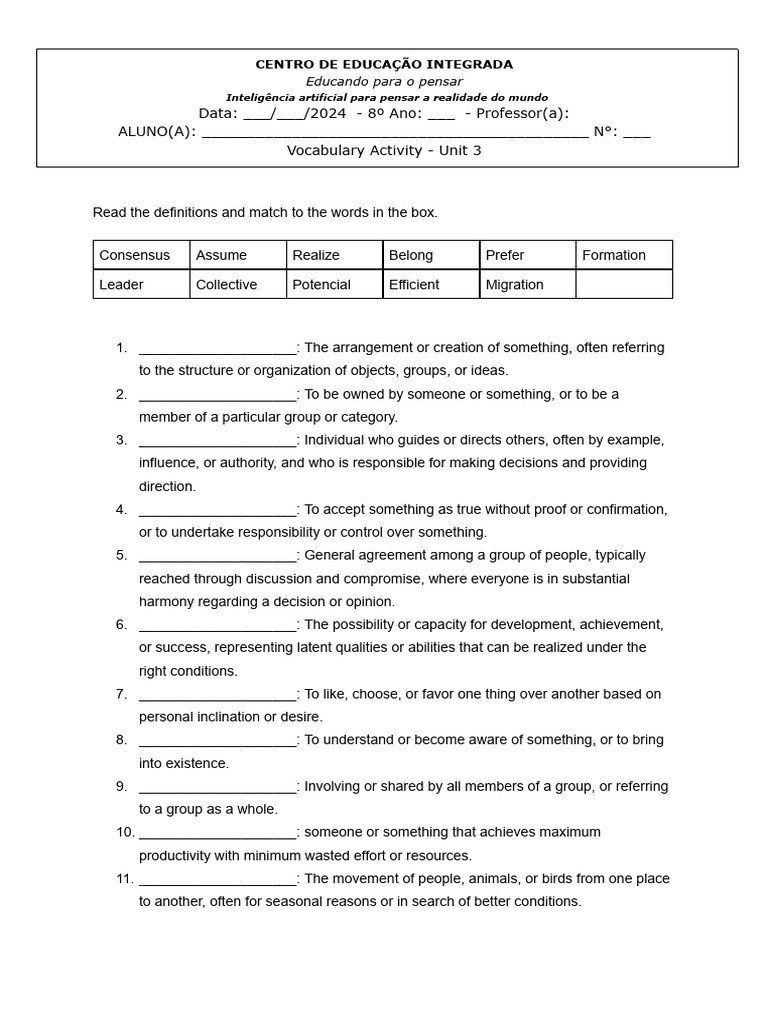 Vocabulary Activity: Unit 3 Definitions | PDF