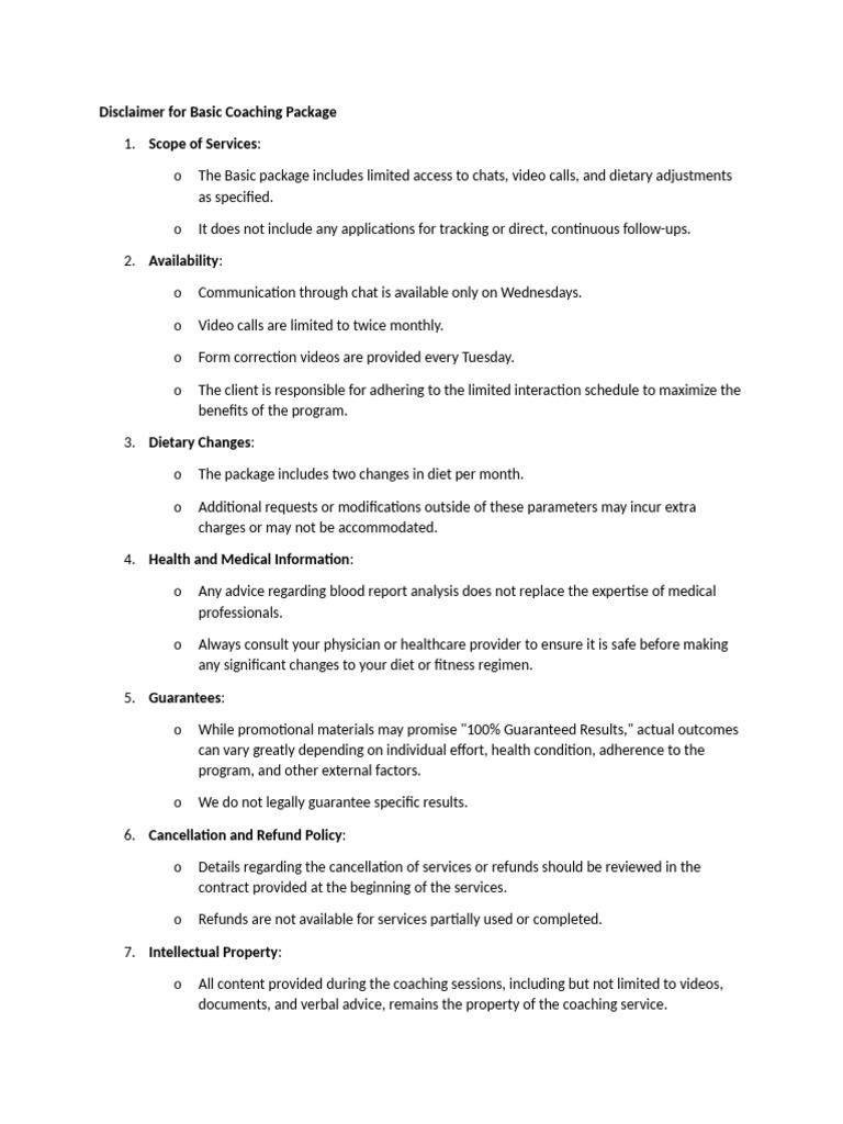 Disclaimer For Basic Coaching Package | PDF | Disclaimer