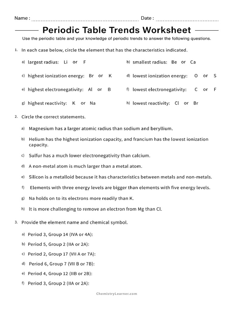 Periodic-Table-Trends-Worksheet | PDF