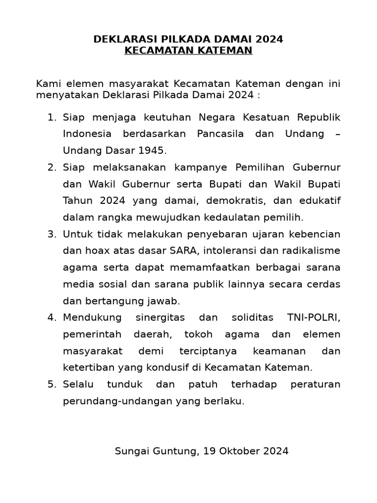 DEKLARASI PILKADA DAMAI 2024 | PDF