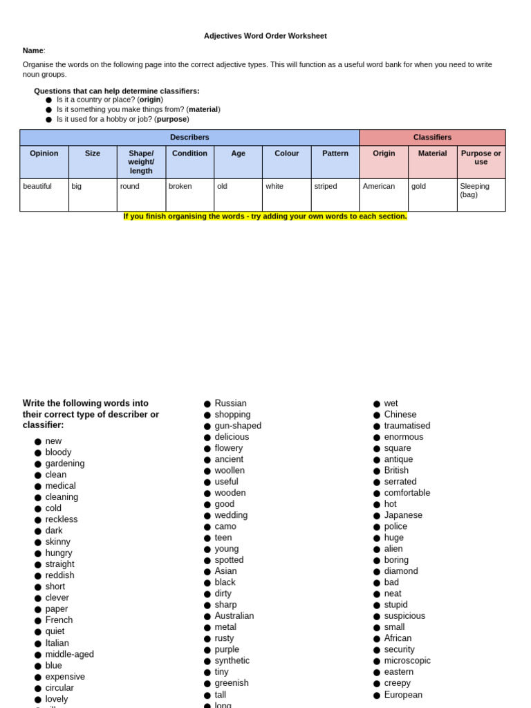 Adjectives Word Order Worksheet | PDF | Adjective | Linguistic Typology