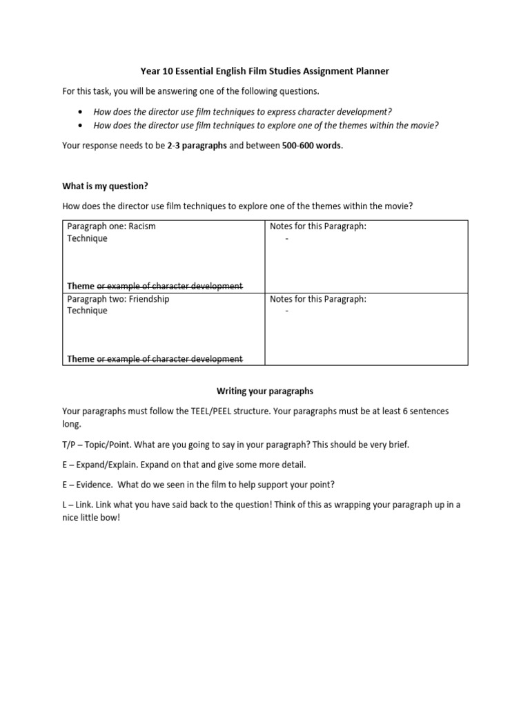 Year 10 Essential English Film Studies Assignment Planner | PDF