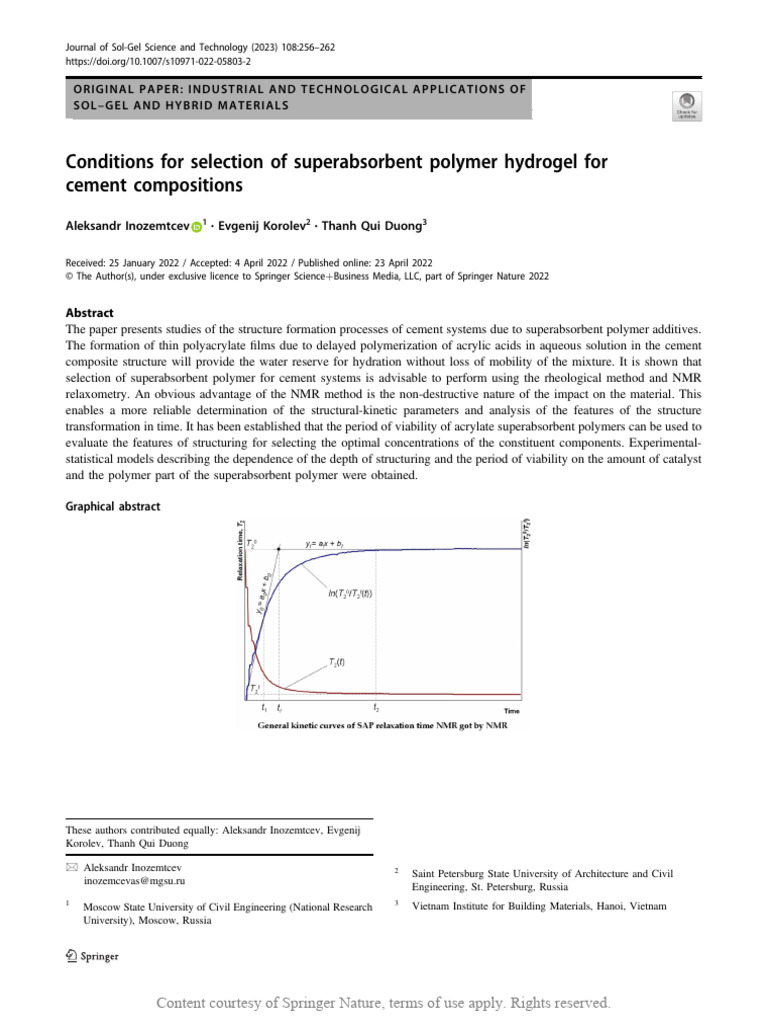 Conditions for Selection of Superabsorbent Polymer (1) | PDF | Concrete | Rheology