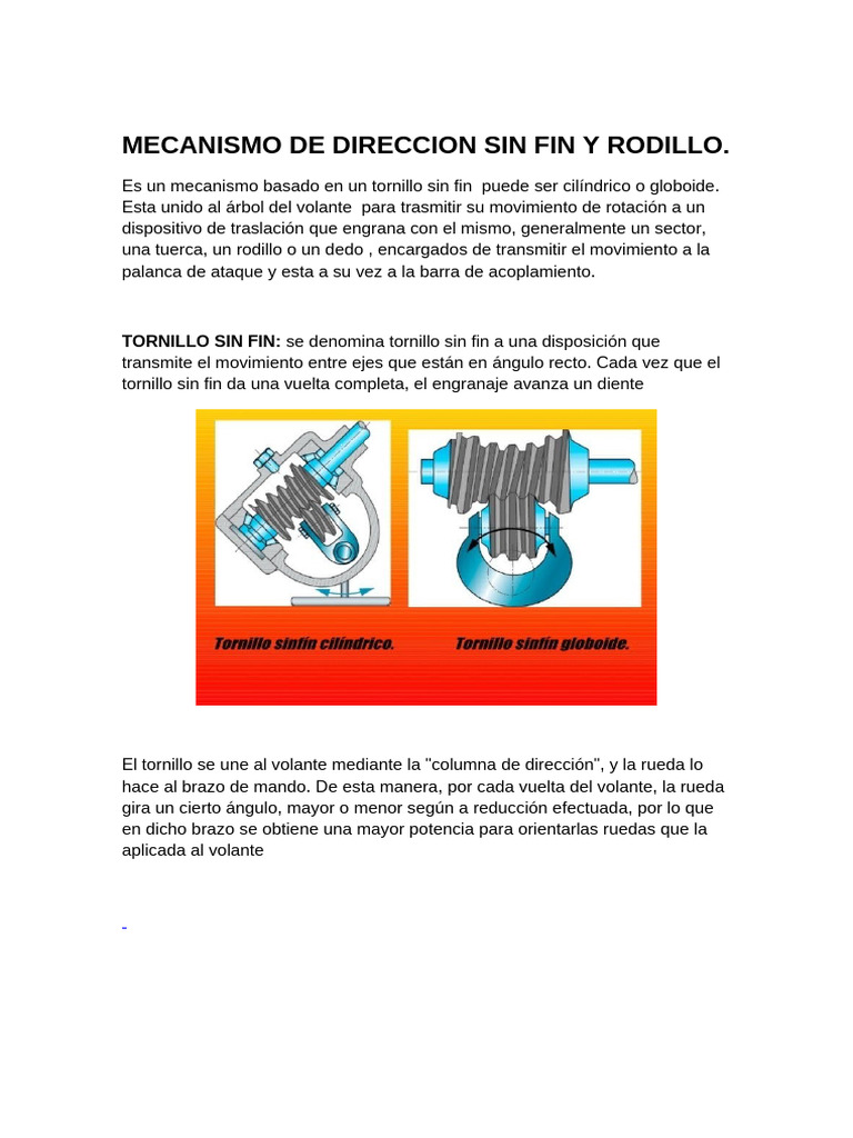 MECANISMO DE DIRECCION SIN FIN Y RODILLO | PDF | Engranaje | Tornillo