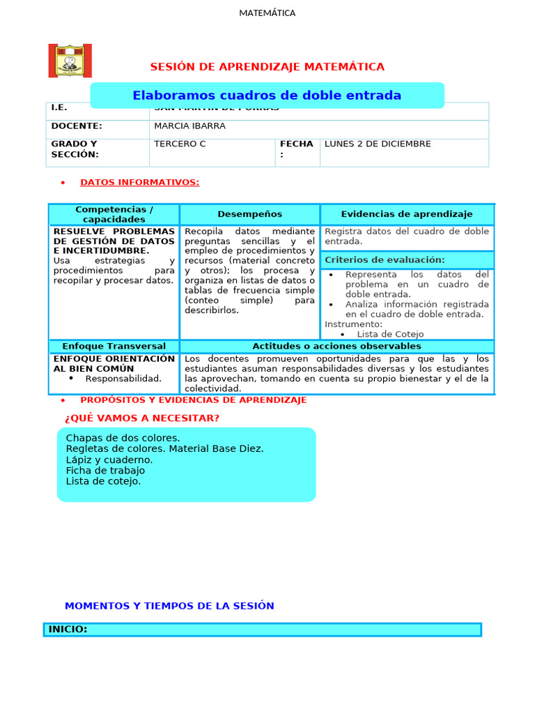 SESION LUNES 2 DE DICIEMBRE-Elaboramos-cuadros-de-doble-entrada | PDF | Aprendizaje | Cognición