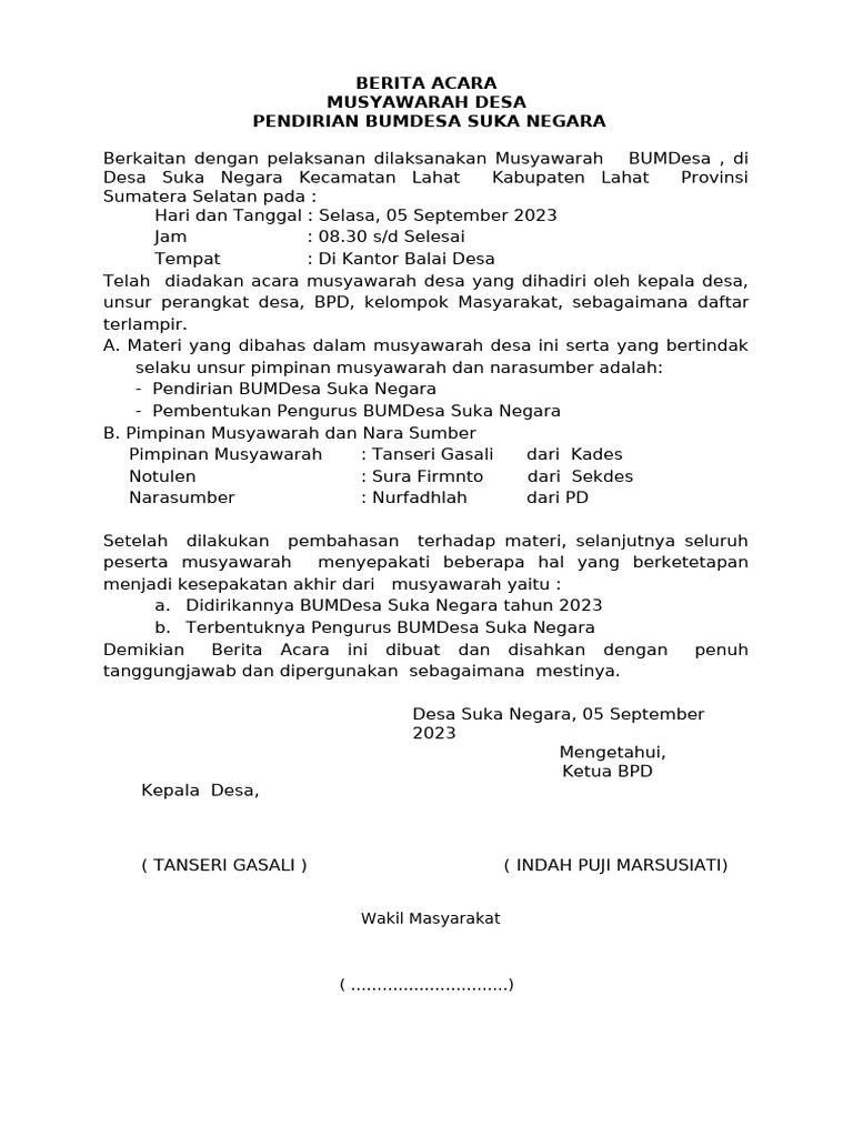 Pendirian BUMDesa Suka Negara 2023 | PDF