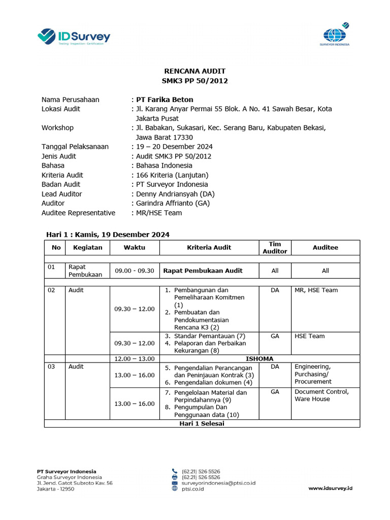 Rencana Audit - PT Farika Beton | PDF