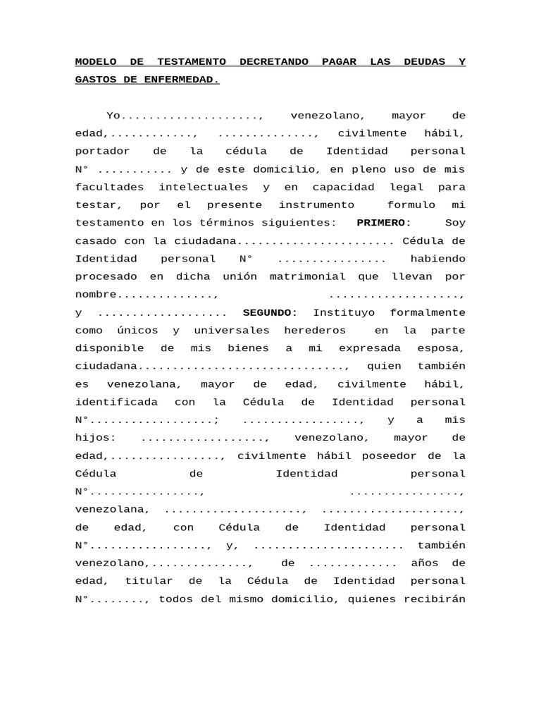 MODELO DE TESTAMENTO DECRETANDO PAGAR LAS DEUDAS Y GASTOS DE ENFERMEDAD ...