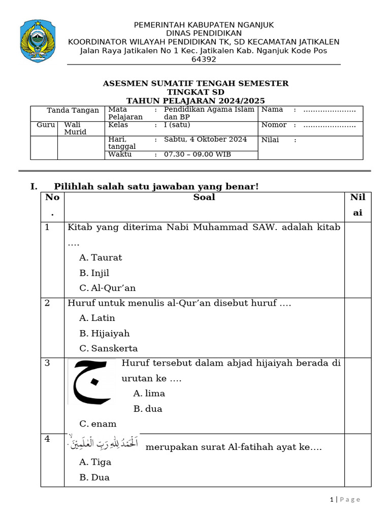 Sumatif Tengah Semester Pai SD Kelas 1 | PDF