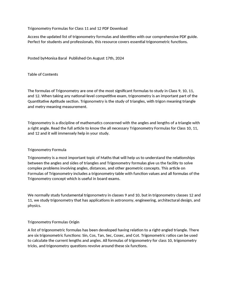 Trigonometry Formulas For Class 11 and 12 PDF Download | PDF ...