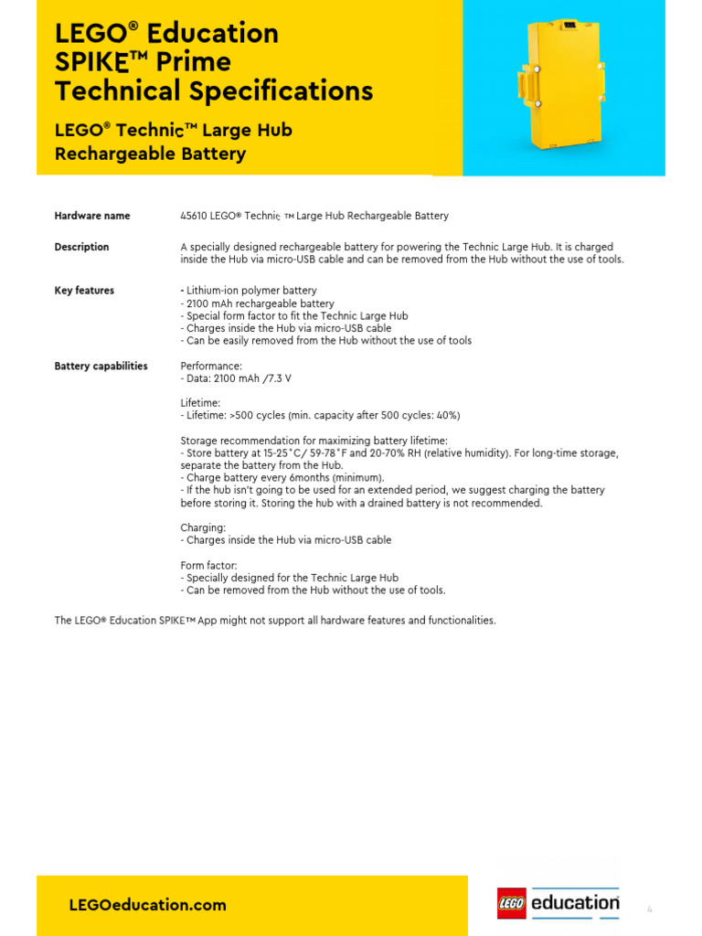 SPIKE Prime Battery Tech Spec Sheet | PDF