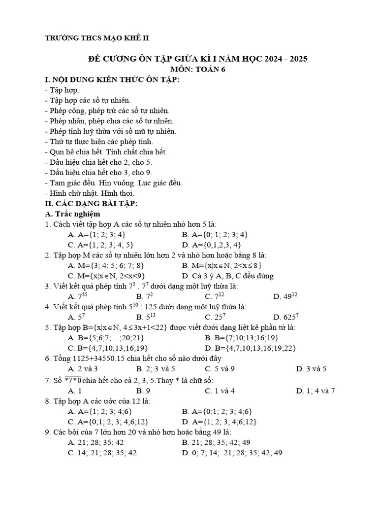 De Cuong Giua Hoc Ki 1 Toan 6 Nam 2024 2025 Truong Thcs Mao Khe 2 Quang Ninh | PDF