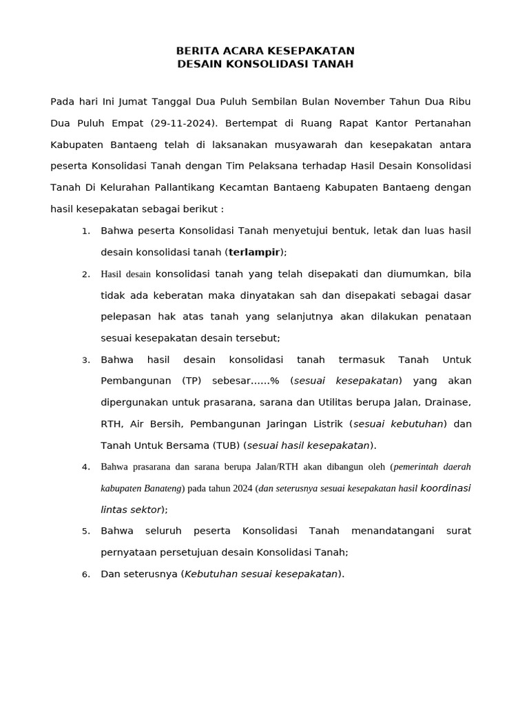 Berita Acara Kesepakatan Desain Konsolidasi Tanah - Form 211 | PDF