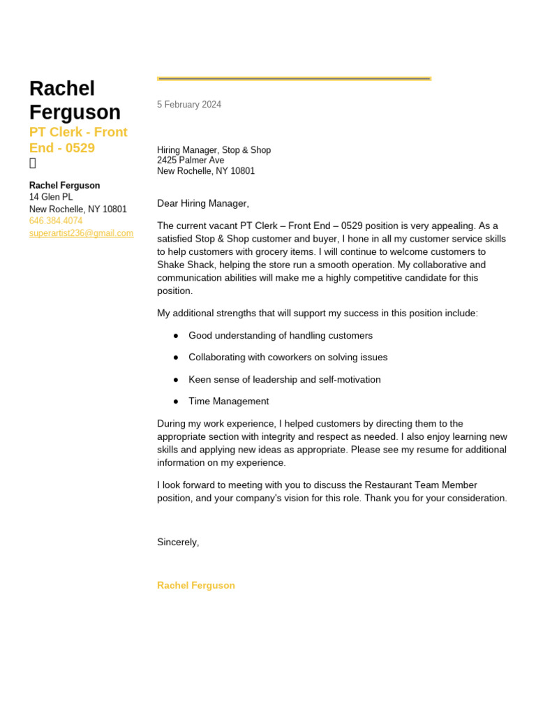 Rachel Ferguson's Application for PT Clerk | PDF