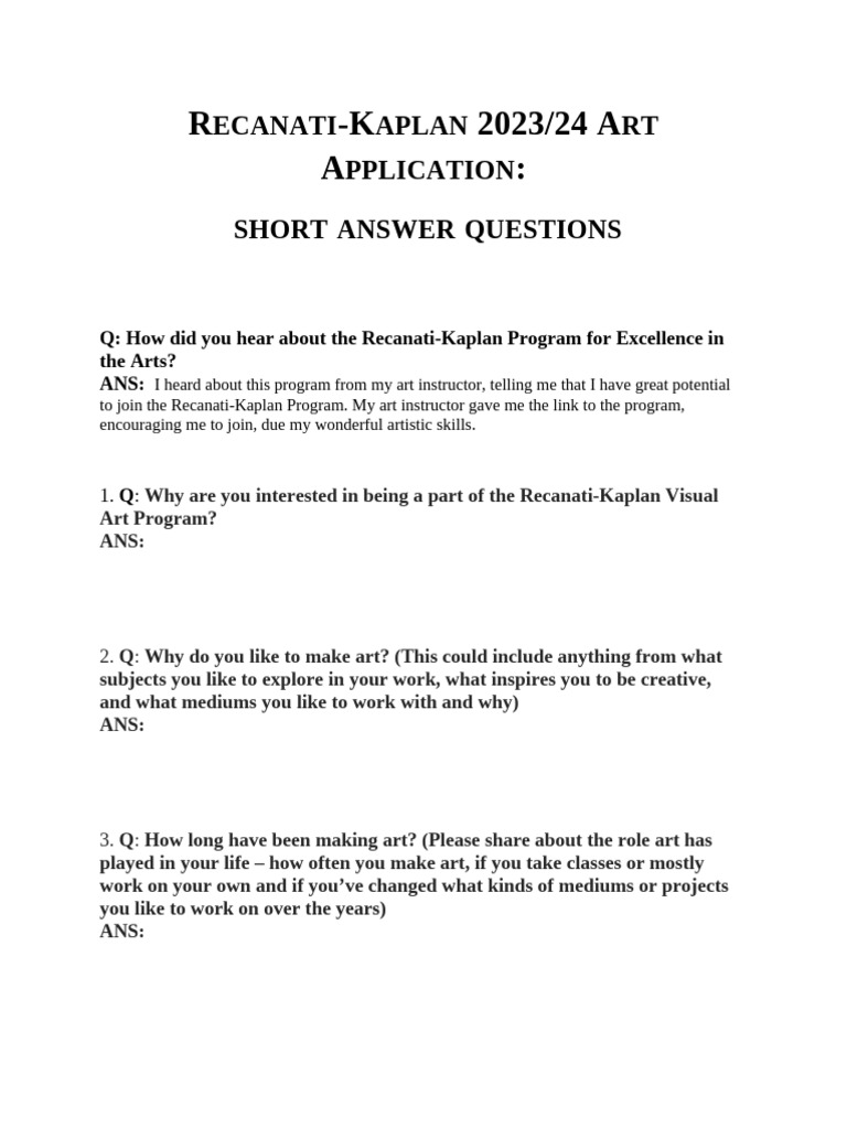 Recanati-Kaplan Program Short Answer | PDF