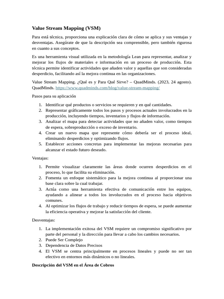 Value Stream Mapping (VSM) : Descripción Del VSM en El Área de Cobros ...