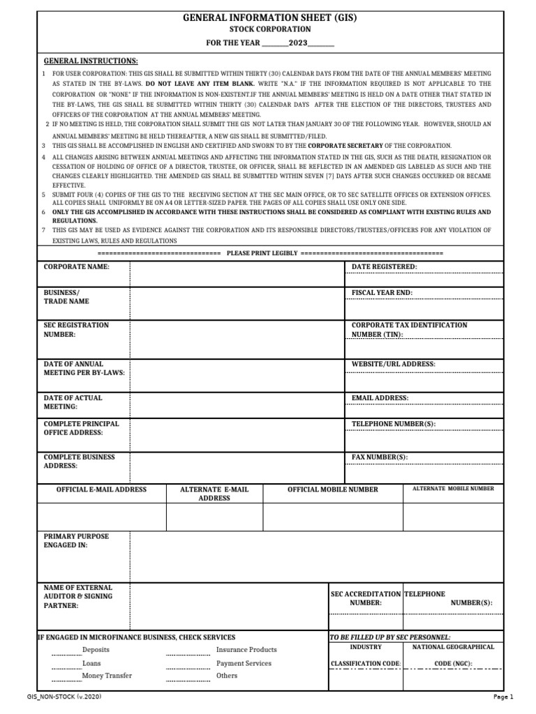 2020form Gis Non Stock | PDF | Securities (Finance) | Board Of Directors