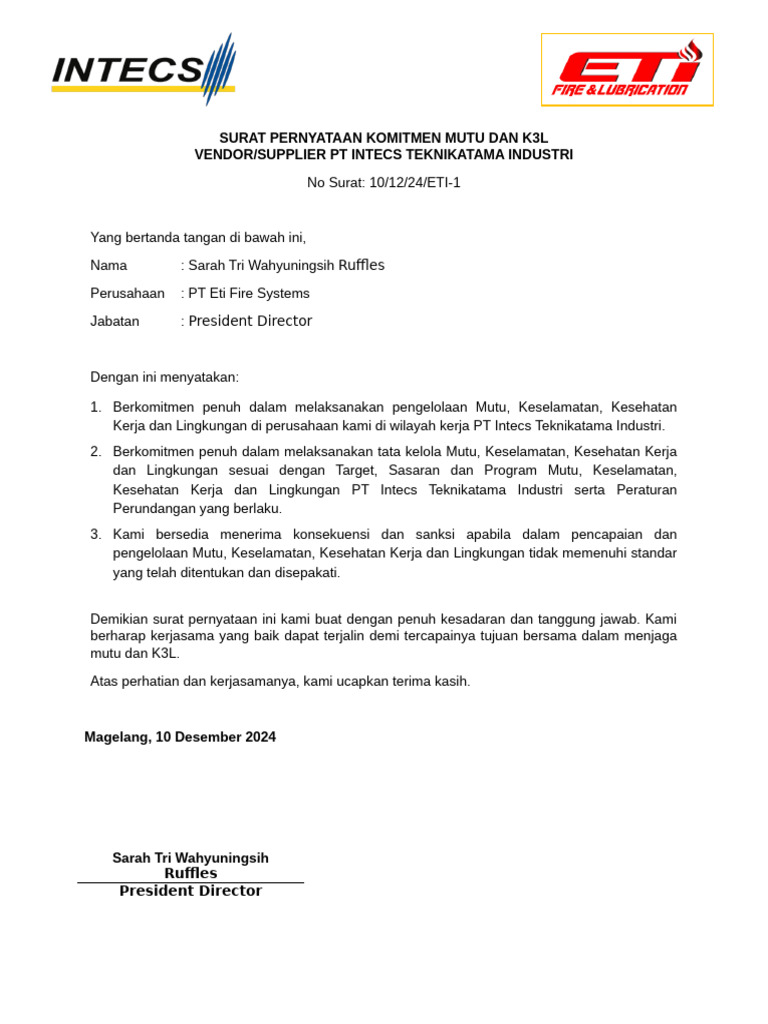 1. SURAT PERNYATAAN KOMITMEN MUTU DAN K3L (1) | PDF