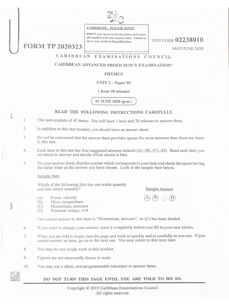 CAPE Physics 2020 U2 P1 CAPE | PDF