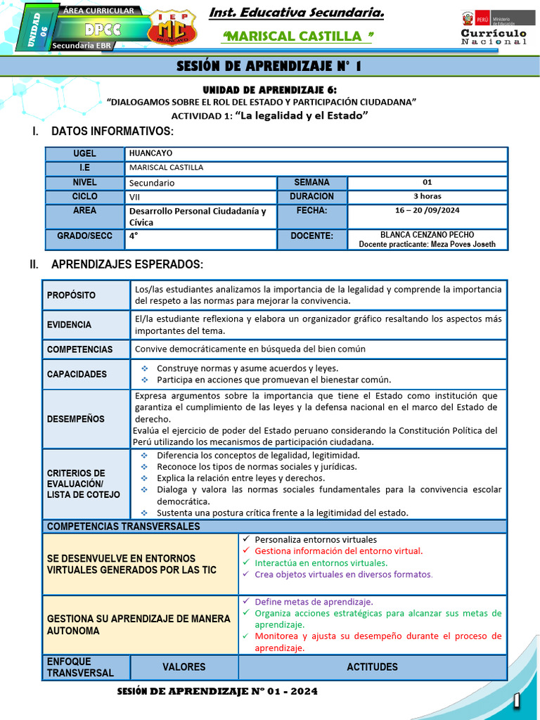1. SES 1 UNI 6 - DPCC 4° (1) | PDF | Aprendizaje | Participación pública