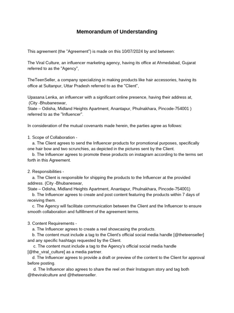 Memorandum of Understanding - Upasana | PDF | Indemnity | Private Law