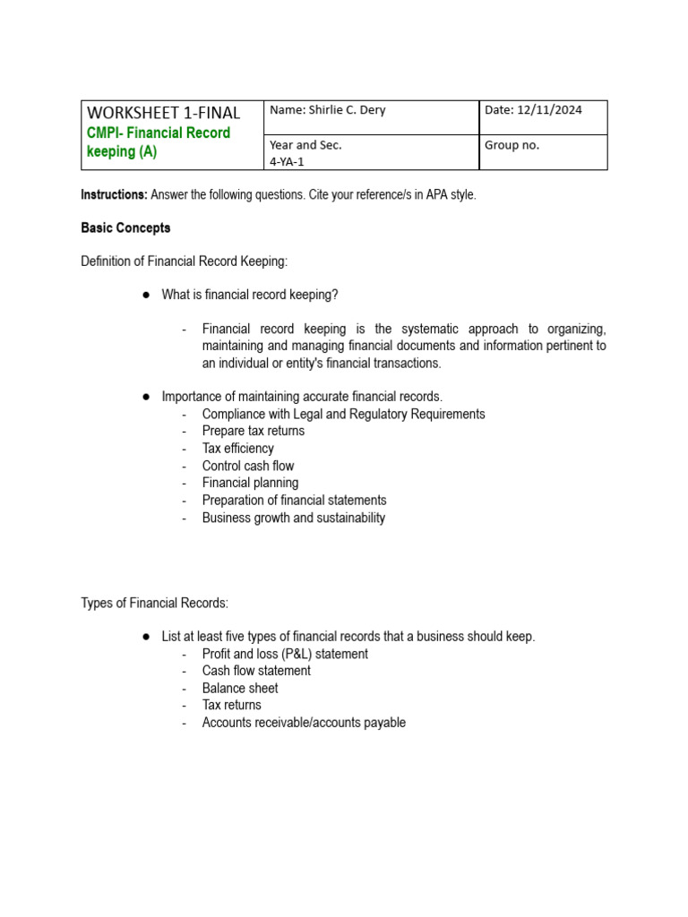 Epp - Cmpi - Worksheet 4 - Final | PDF | Records Management | Taxes