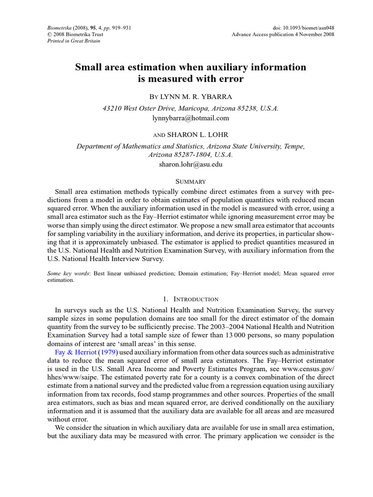 Small Area Estimation with Measurement Error | PDF | Mean Squared Error ...