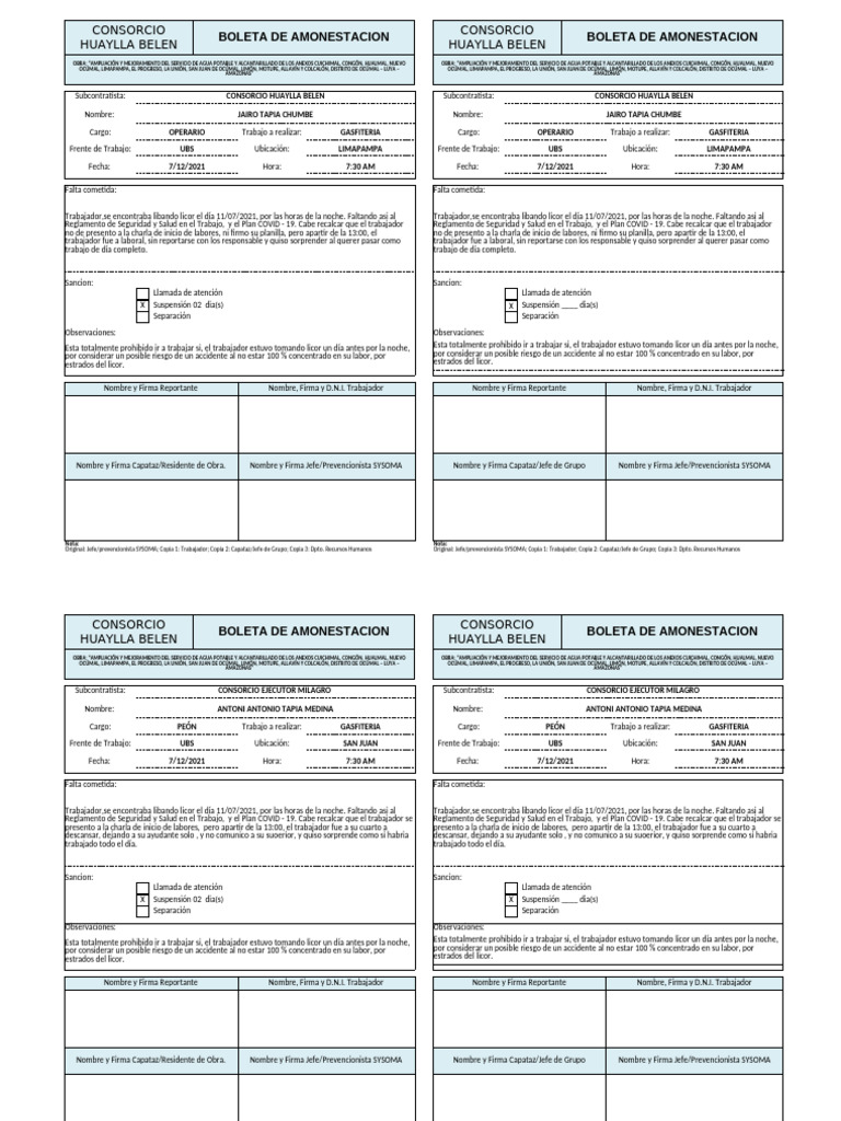 Boletas de Amonestación Laboral | PDF