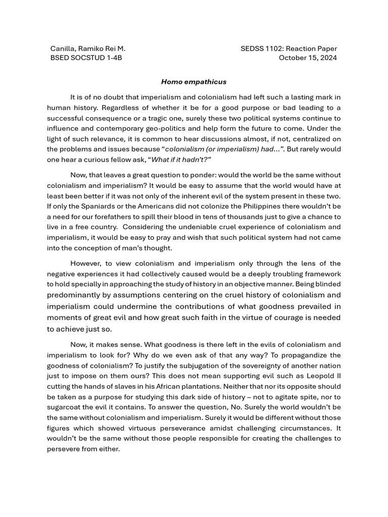 Reaction Paper On Imperialism and Colonialism | PDF