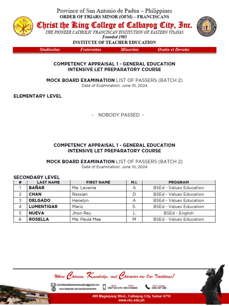 CA-1-MOCK-BOARD-REMOVAL-EXAM-LIST-OF-PASSERS-BATCH-2 | PDF | Catholic ...