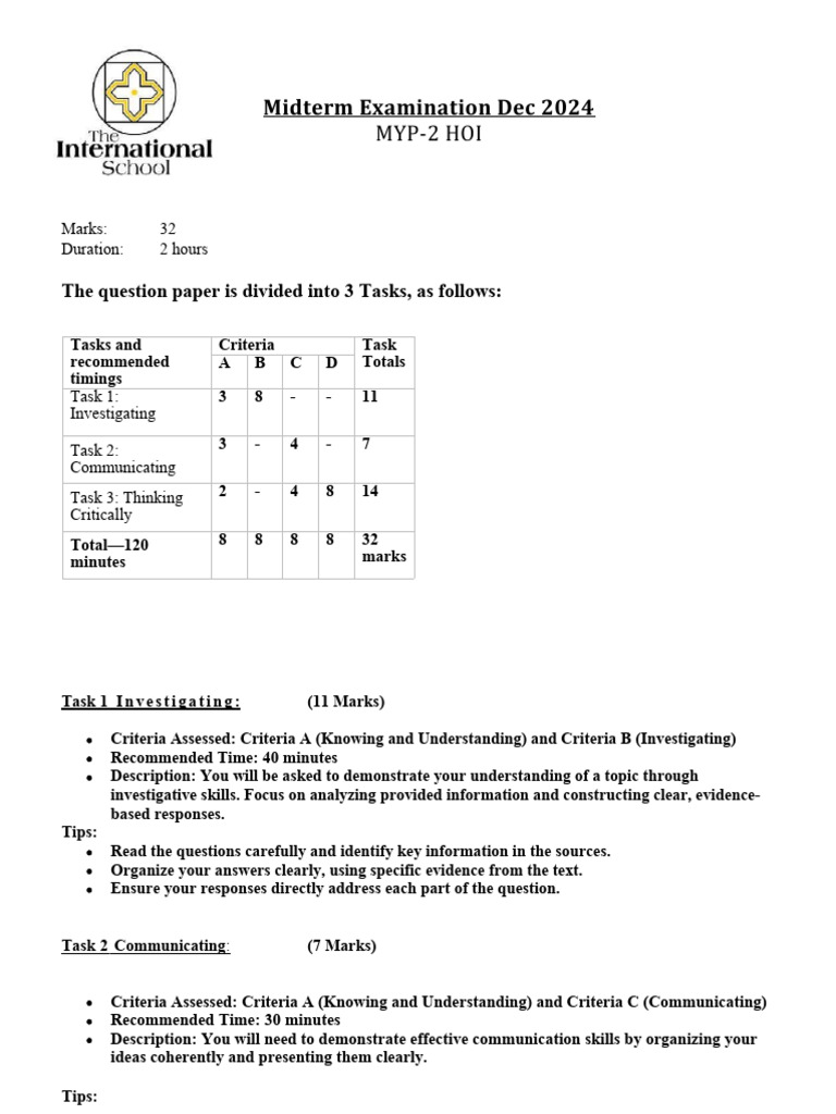 MYP2 Dec 24 Midterm Exam Syllabus HOI | PDF | Critical Thinking | Information