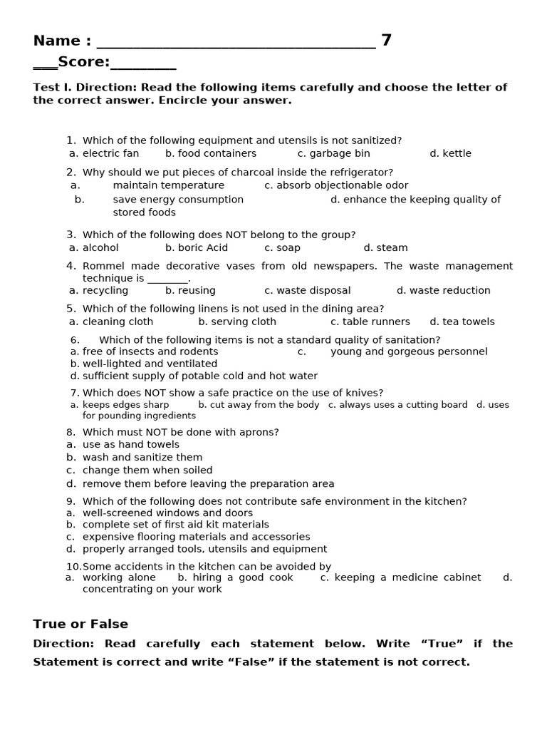 personal hygiene quiz | PDF | Waste | Kitchen Utensil