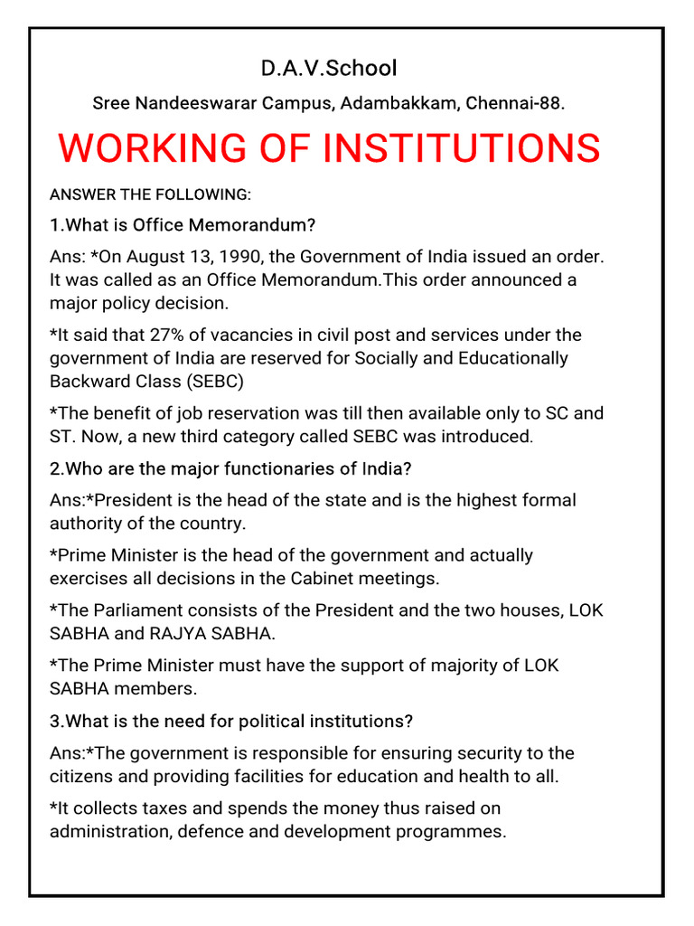 Working of Institutions Notes 1643815687 | PDF