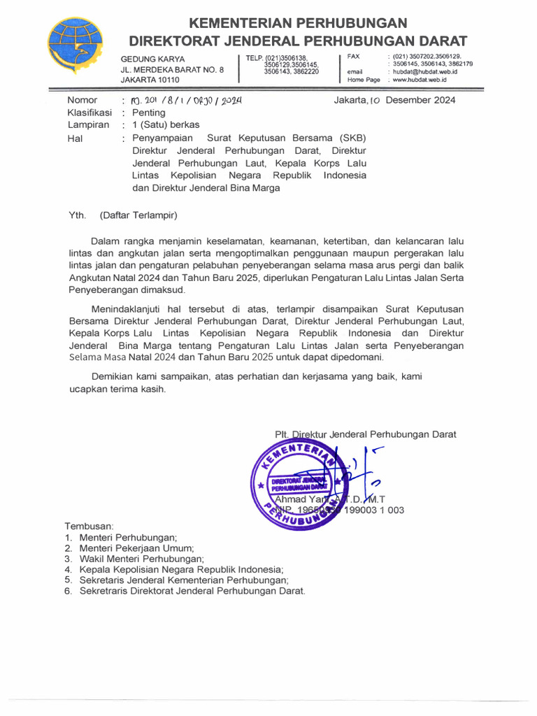kirim - SURAT PENYAMPAIAN SKB PENGATURAN LALU LINTAS DAN PENYEBERANGAN NATARU 2024 - 2025 | PDF