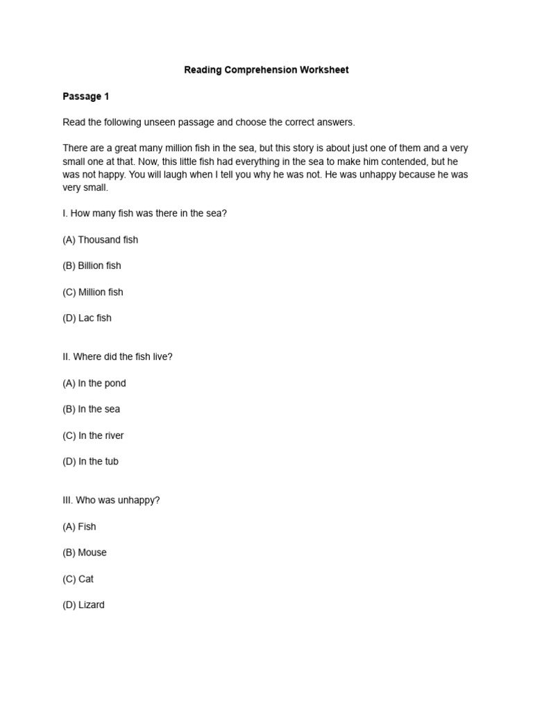 Reading Comprehension Worksheet | PDF