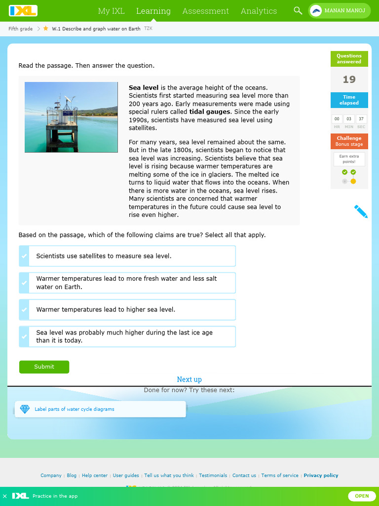 IXL Describe and graph water on Earth 5th grade science | PDF | Sea ...