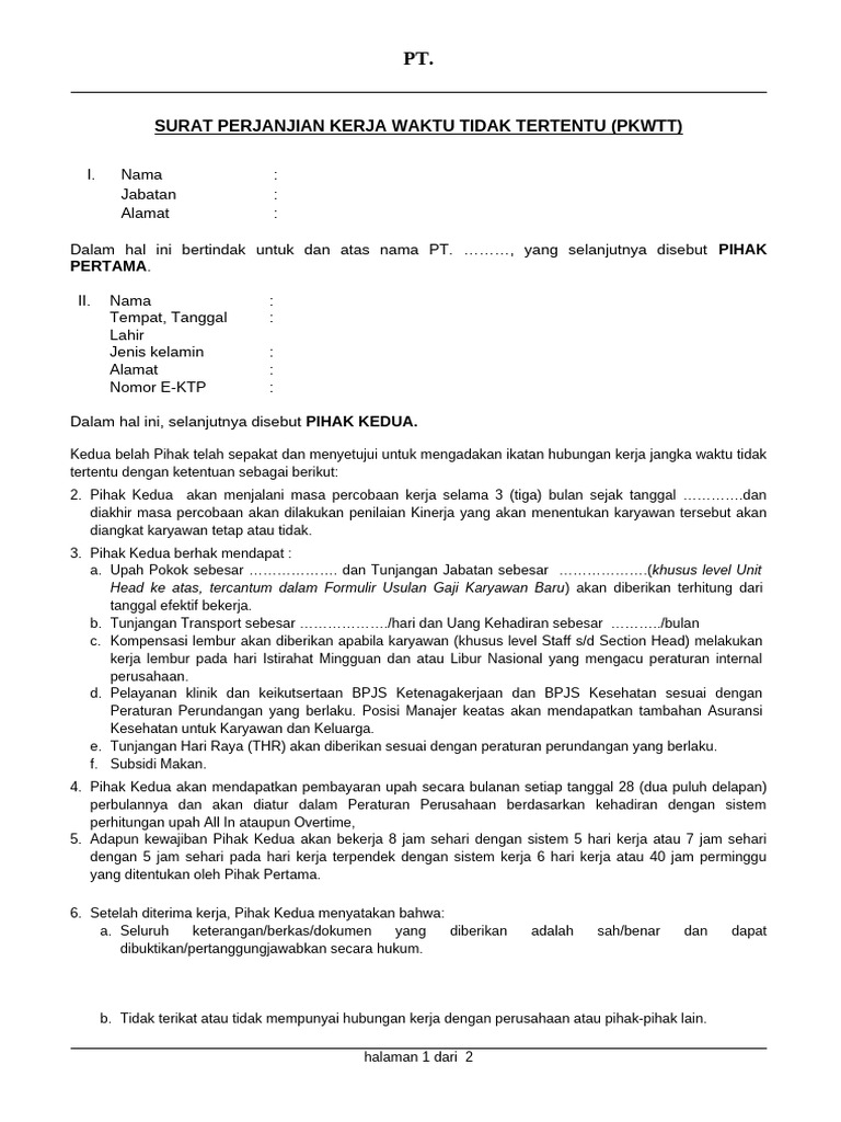 Surat Perjanjian Kerja PKWTT | PDF