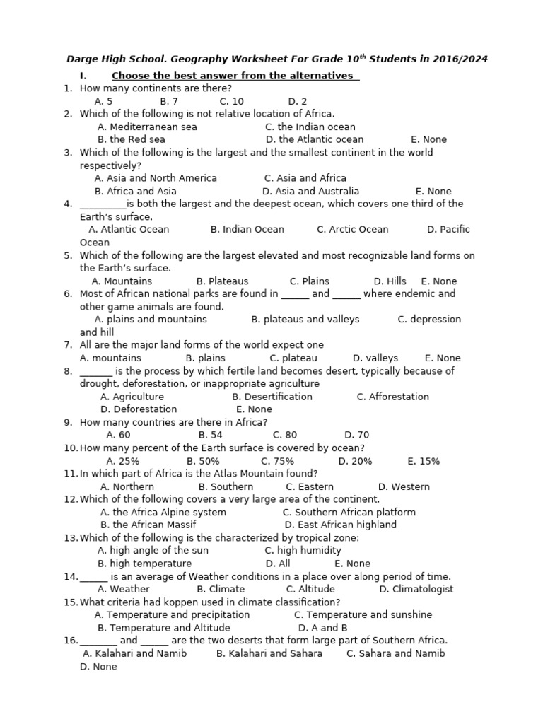 Grade 10 Geography Worksheet 2024 | PDF | Tropics | Africa