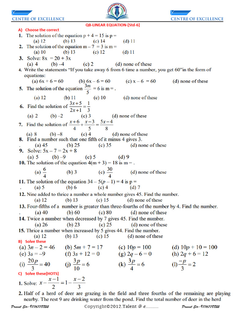 QB-LINEAR EQUATION - (Std-6) | PDF