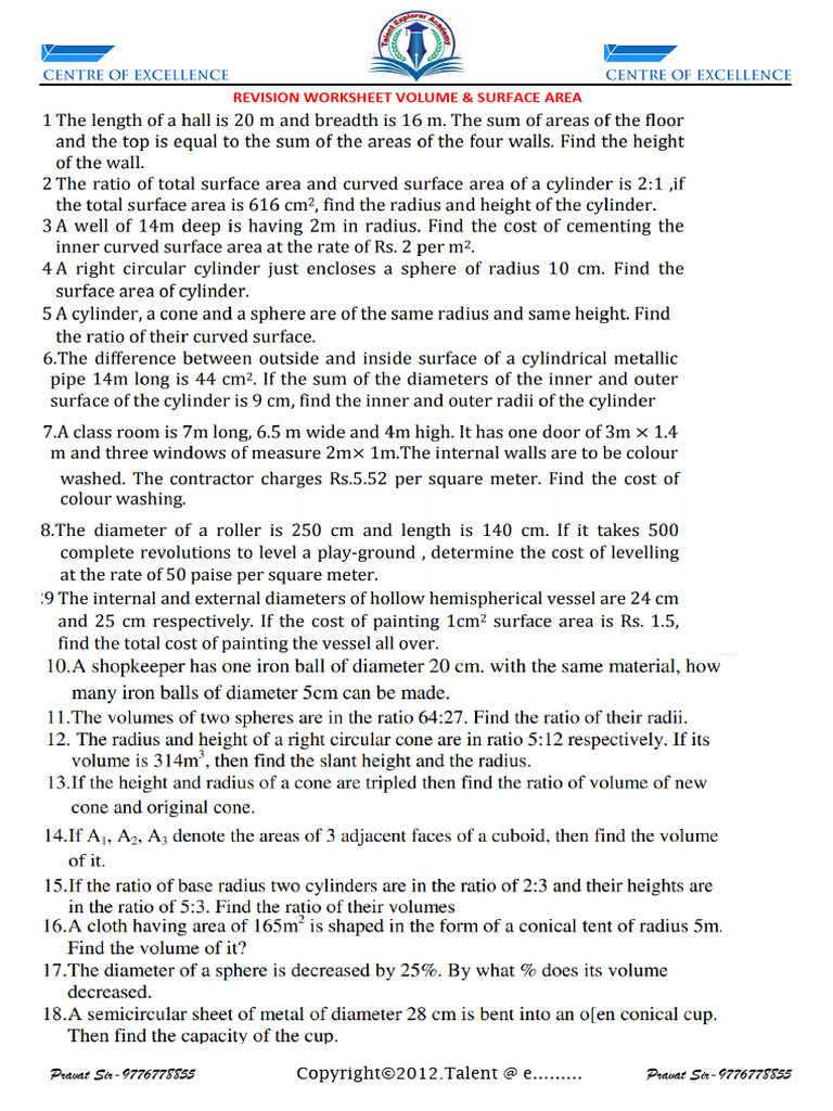 Revision Worksheet Volume & Surface Area | PDF