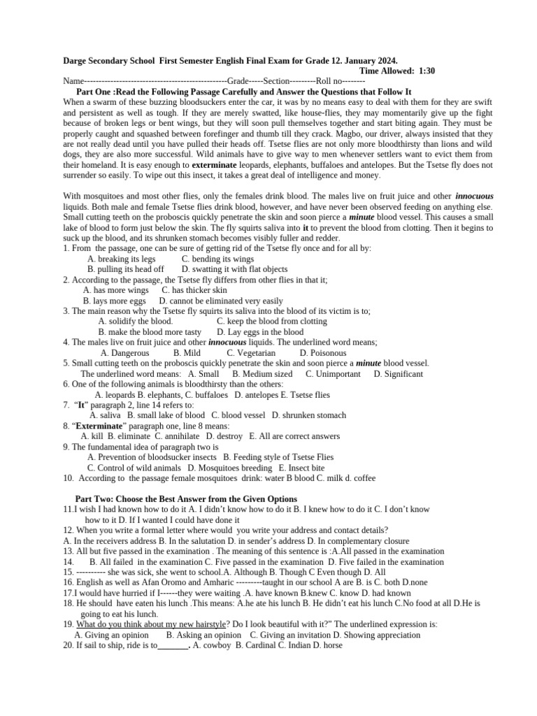 2024 Eng. Final Exam For Grade 12 | PDF | Fly | Mosquito