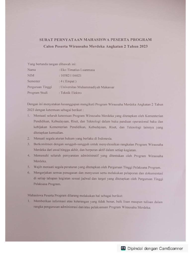 Surat Pernyataan Peserta Program, Calon Peserta Wirausaha Merdeka | PDF