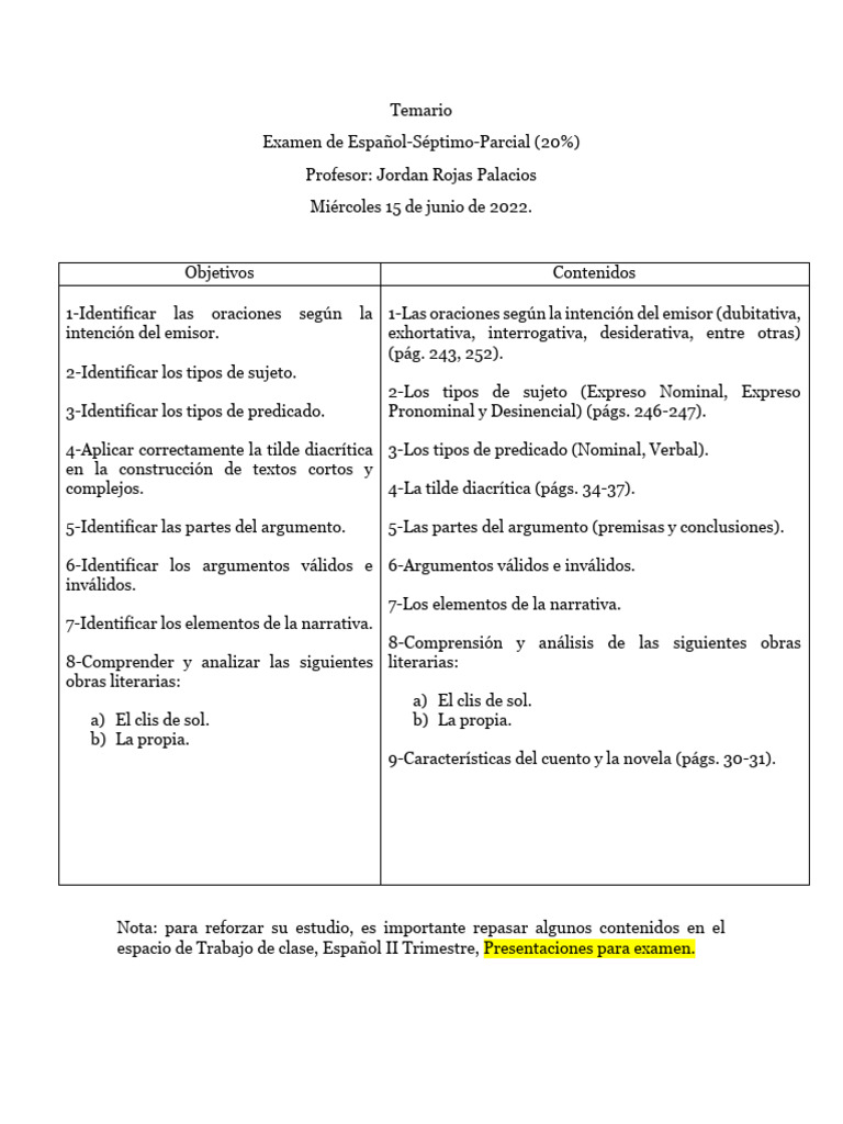 Temario Examen Español Séptimo Grado | PDF