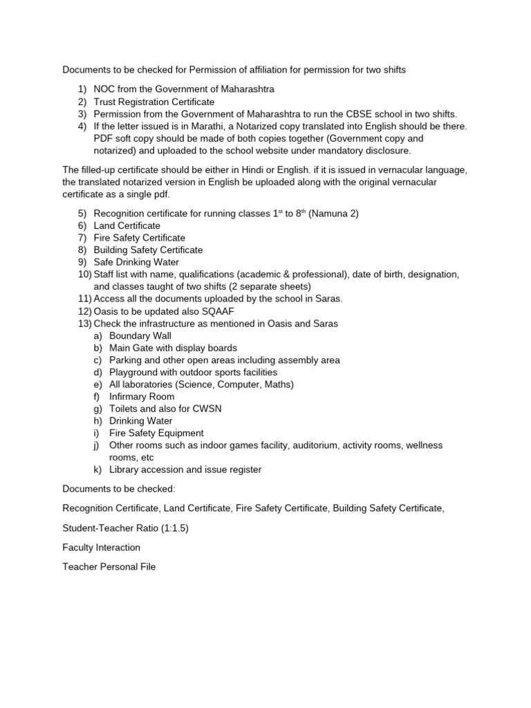 CBSE Affiliation Document Checklist | PDF